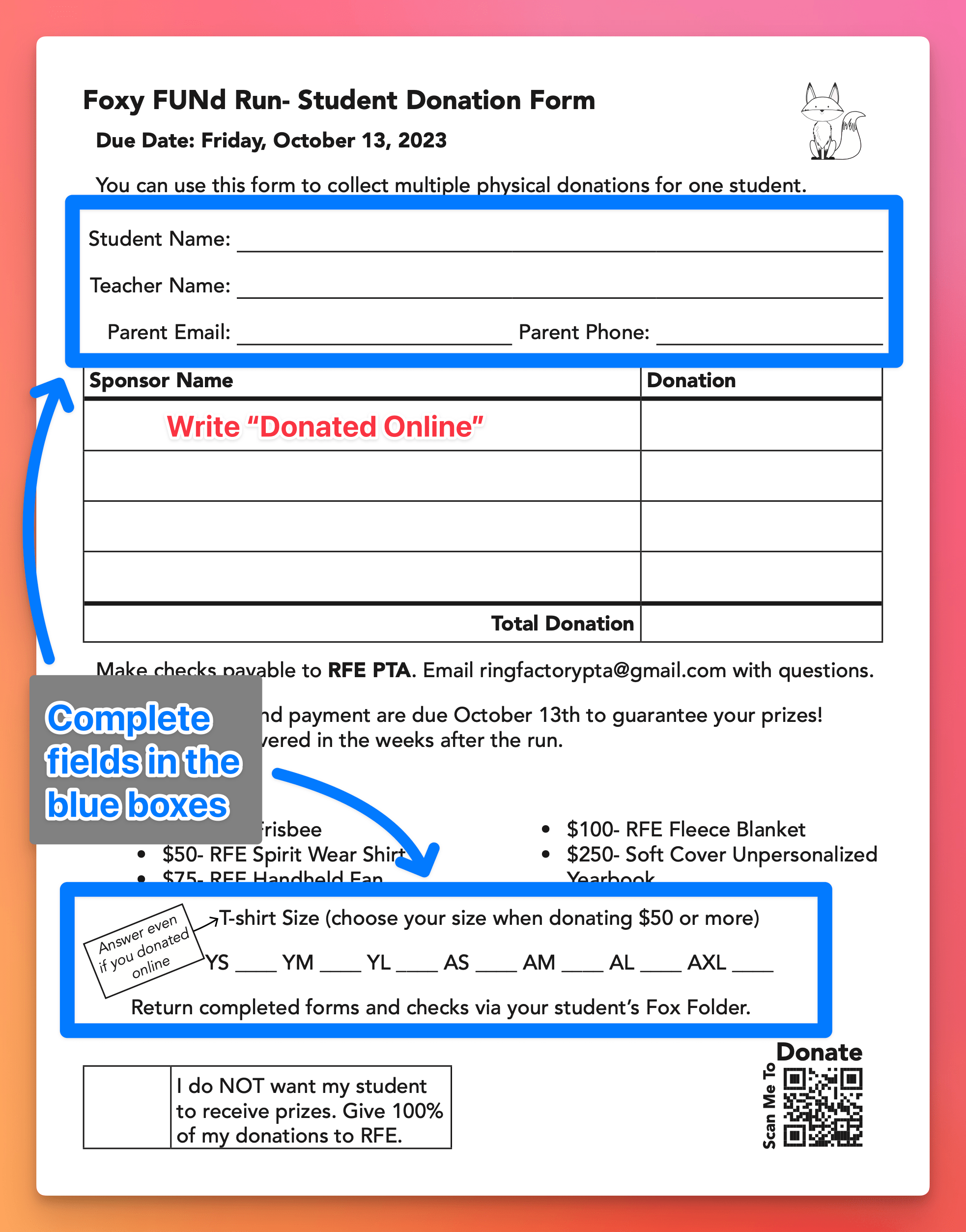 Don’t Forget to Turn In Your Foxy Fund Run Paperwork – RFE PTA
