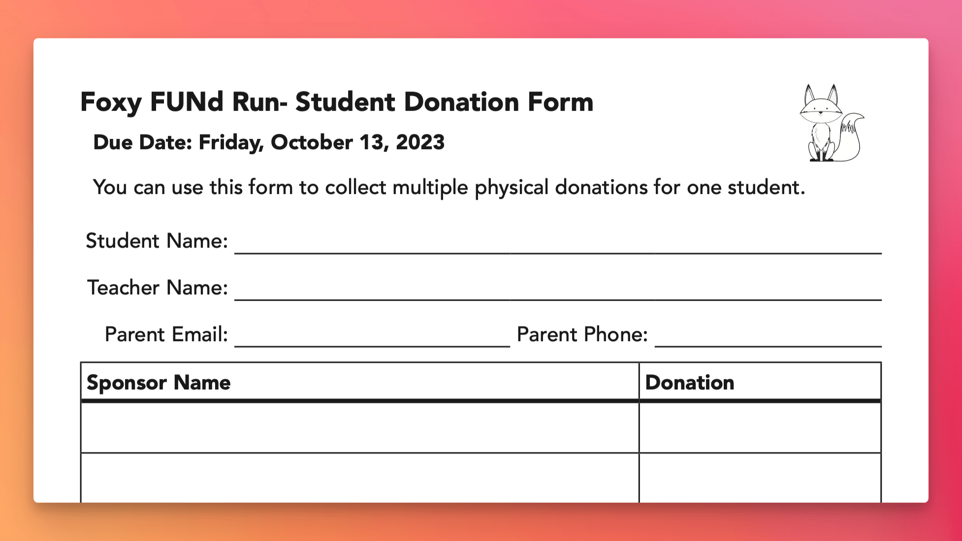 Don’t Forget to Turn In Your Foxy Fund Run Paperwork – RFE PTA